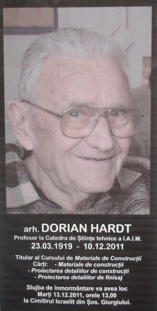 Anunt deces prof. arh. DORIAN HARDT - OAR București