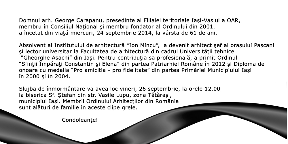 Anunț deces arh. George Cărăpanu - OAR București